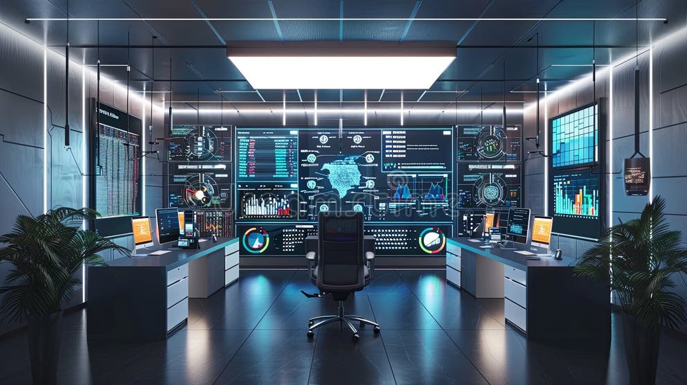 A Modern Office with Multiple Screens Displaying Data and Algorithms Used To Analyze User ...