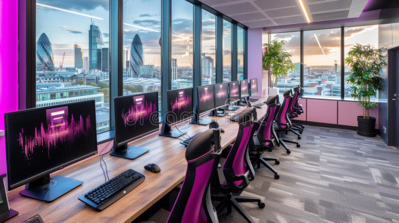 Modern Office with Multiple Workstations and Panoramic City View at ...