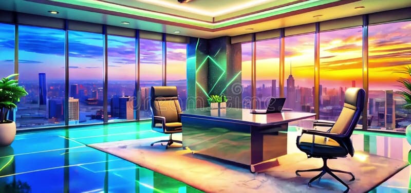 Modern Office with Neon Lighting Around, Glossy Floor, Panoramic ...