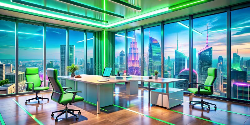 Modern Office, with Neon Lighting Around, Glossy Floor, Panoramic ...