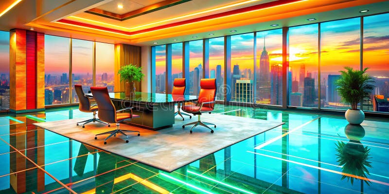Modern Office, with Neon Lighting Around, Glossy Floor, Panoramic ...