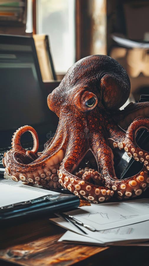 Octopus Sits Amid Tech Gadgets in a Modern Office Stock Illustration ...