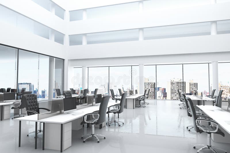 Modern Office with Open Space and Large Windows Stock Illustration ...