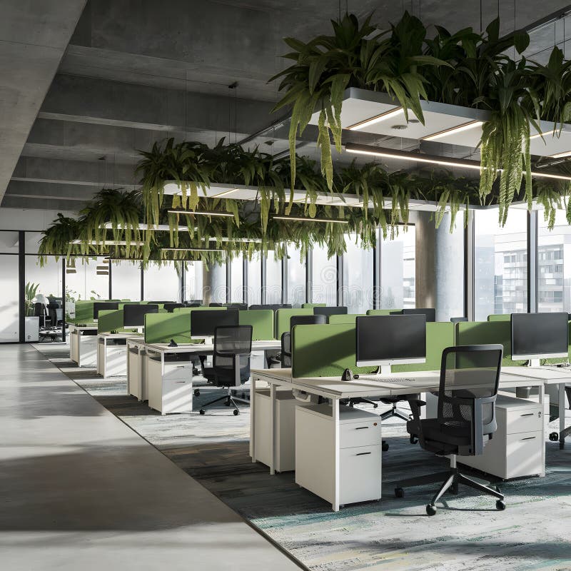 Modern Office with Open Workstations, Natural Light, and Suspended ...