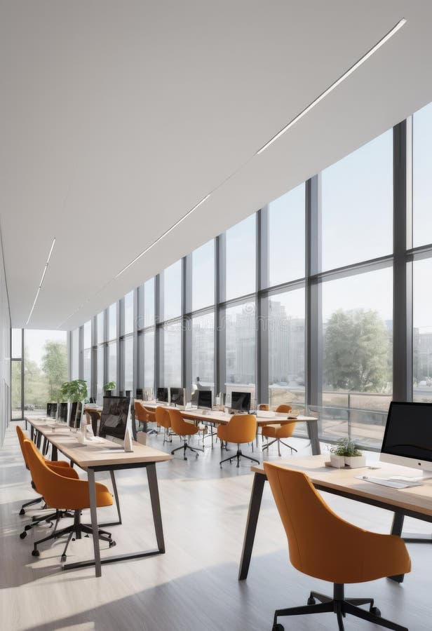 Modern Office with Orange Chairs Stock Image - Image of reflection ...