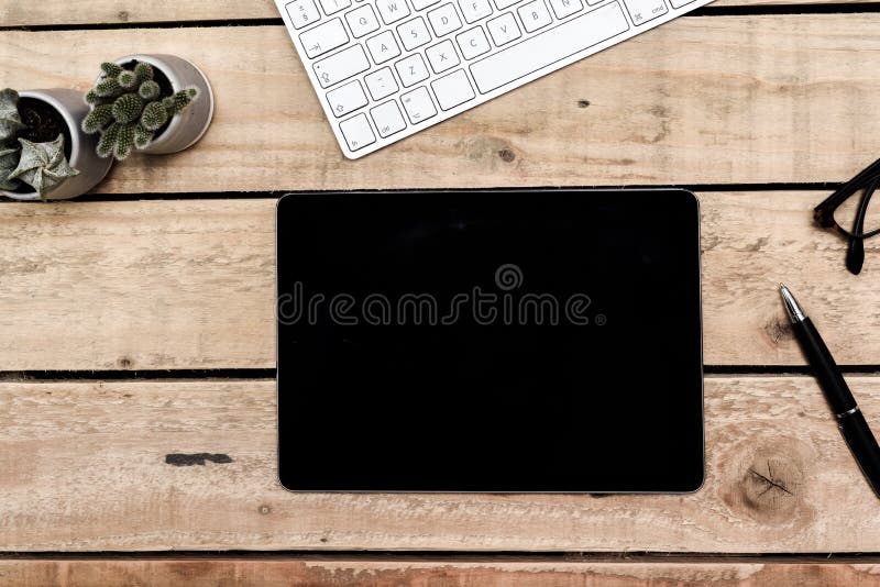 Modern Office Overhead View of Desk and Creative Work Place Objects on ...