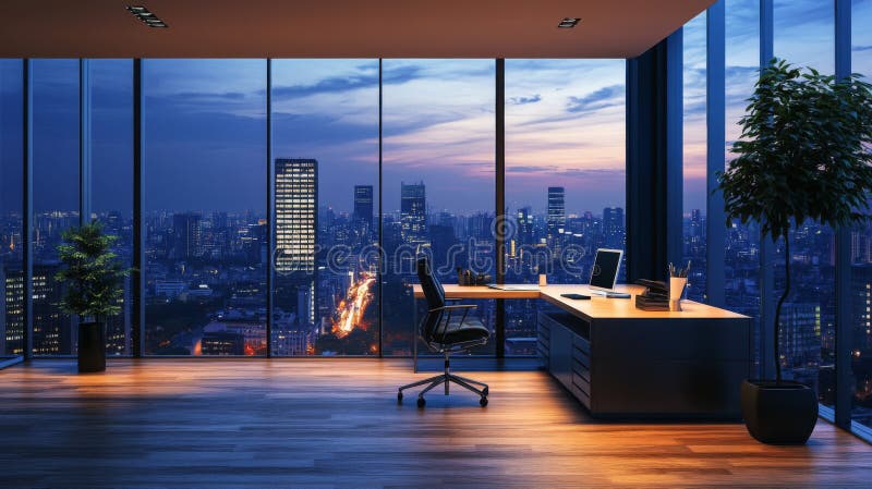 Modern Office with Panoramic City Night View Stock Illustration ...