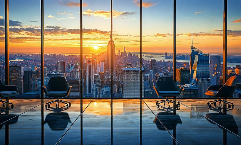 Modern Office with Panoramic City Sunset View Stock Footage - Video of ...