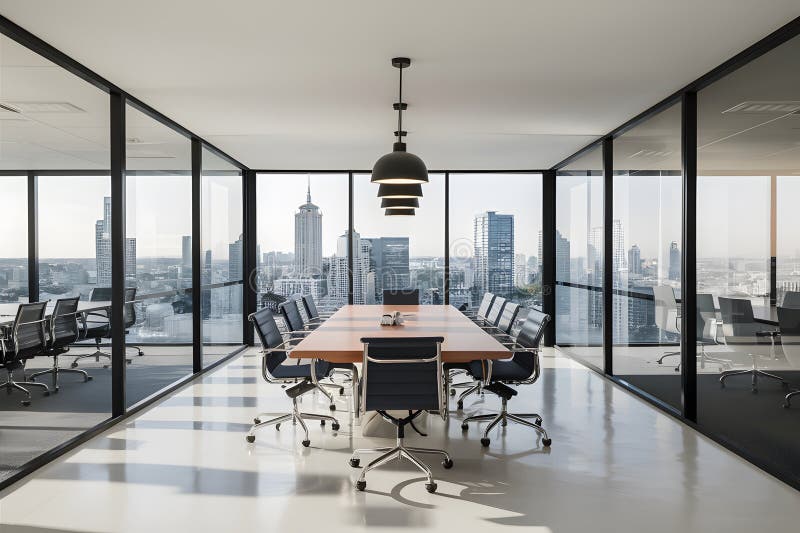 Modern Office with Panoramic City View, Natural Light, White Floors ...