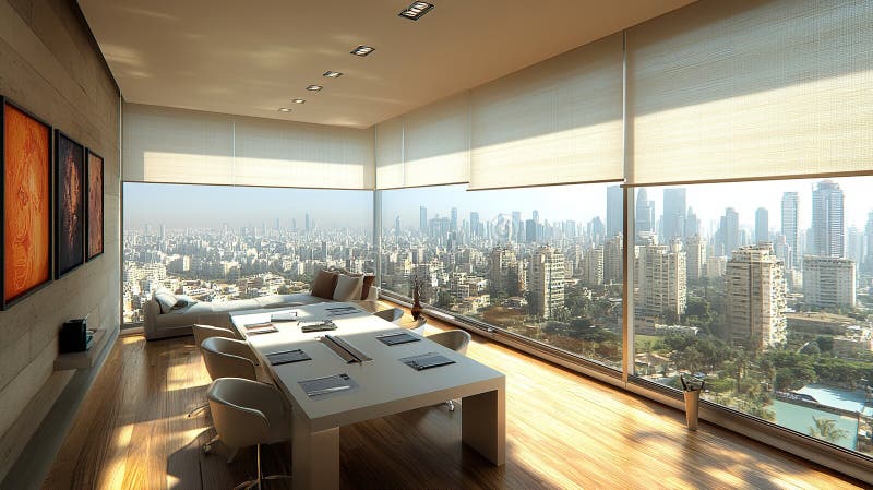 Modern Office Panoramic City View, Sunlight, Minimalist Design Stock ...