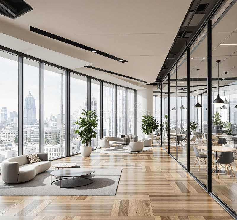Modern Office with Panoramic City Views and Natural Lighting Stock ...
