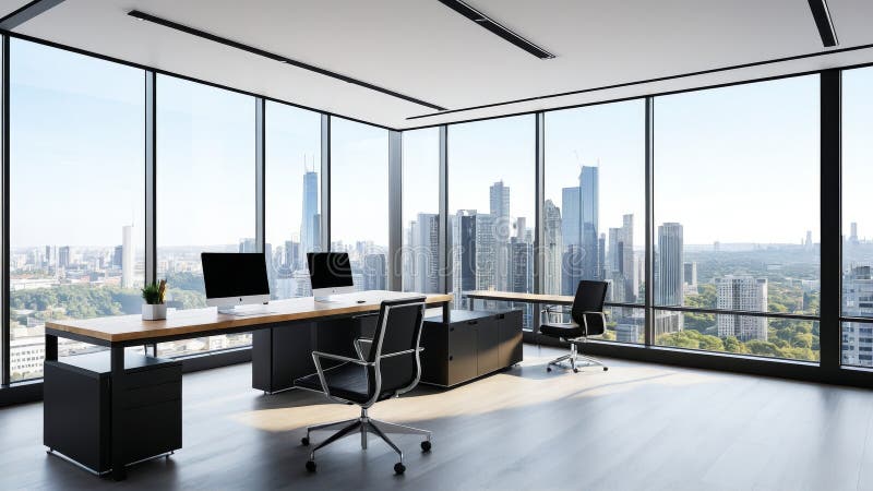 Modern Office with Panoramic Cityscape View in a Bright Minimalist ...