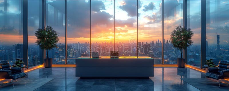 Modern Office with Panoramic Cityscape View during Sunset Stock Photo ...