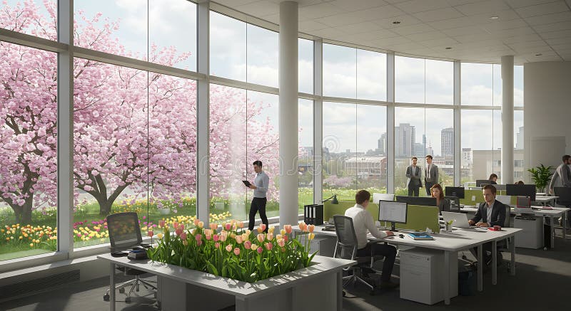 Serene Office with Spring View Stock Illustration - Illustration of ...