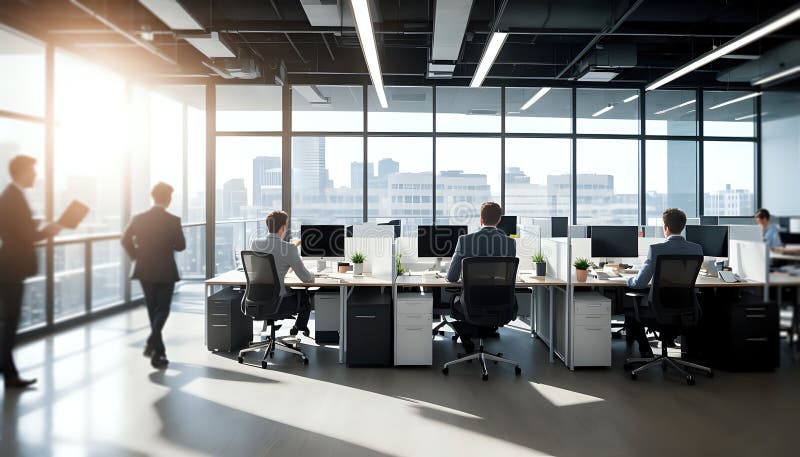 Modern Office with People Working on Computer Table Behind Glass Wall ...