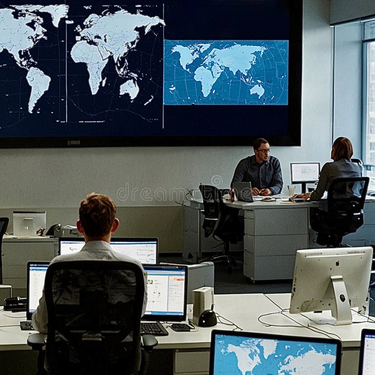A Modern Office with People Working on Computers. a Large Screen with a ...