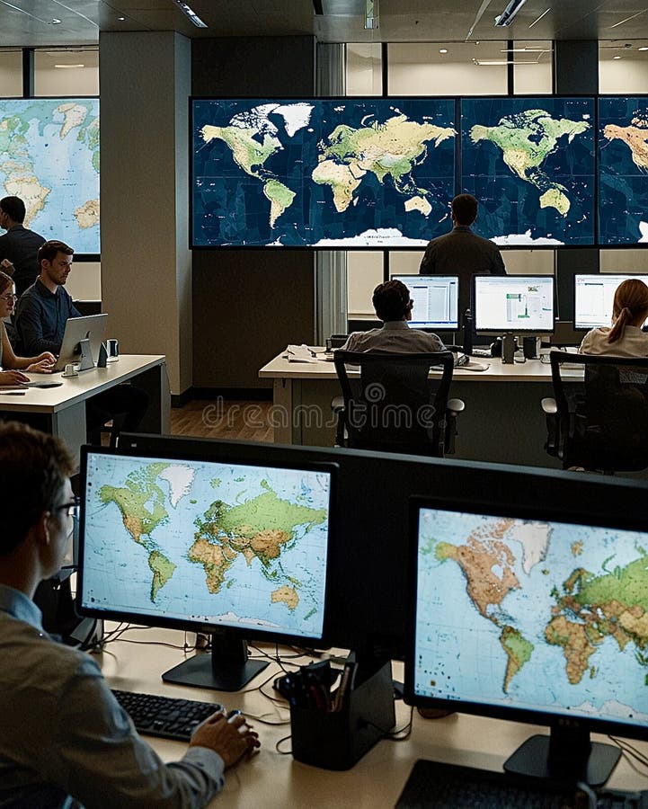A Modern Office with People Working on Computers. a Large Screen with a ...