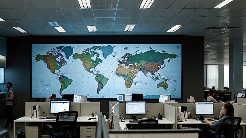 A Modern Office with People Working on Computers. a Large Screen with a ...