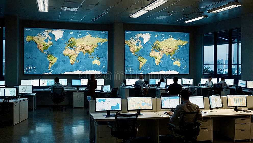 A Modern Office with People Working on Computers. a Large Screen with a ...