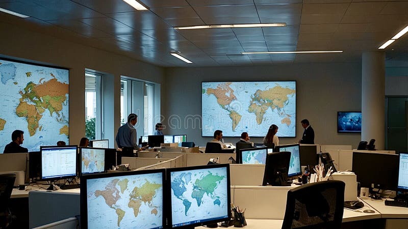A Modern Office with People Working on Computers. a Large Screen with a ...