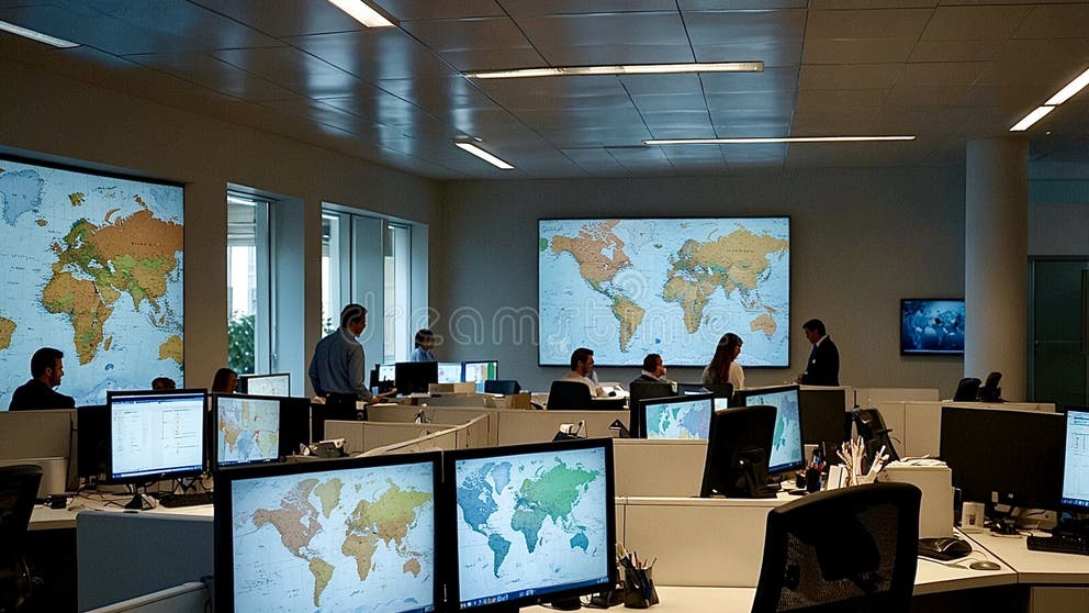 A Modern Office with People Working on Computers. a Large Screen with a ...