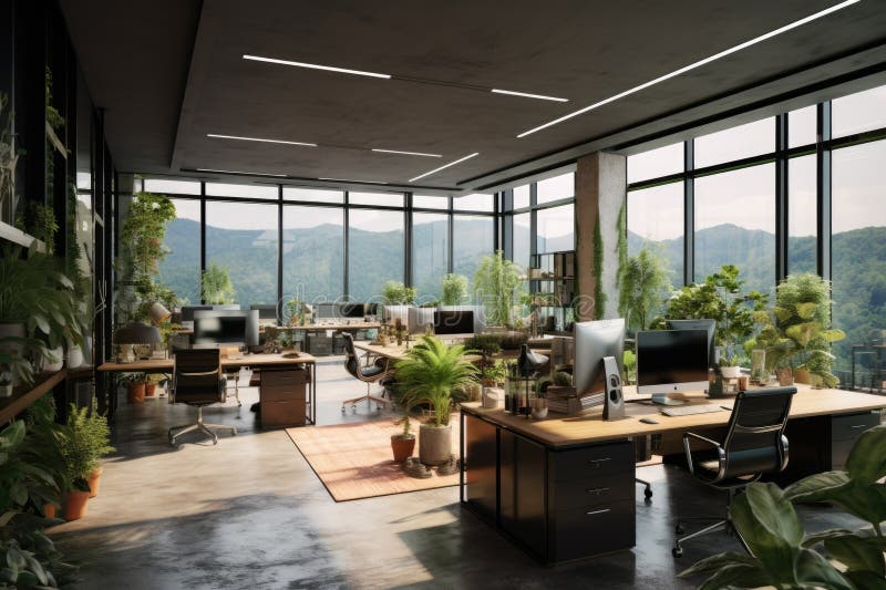 Modern Office with Plants and Panoramic Windows Stock Illustration ...