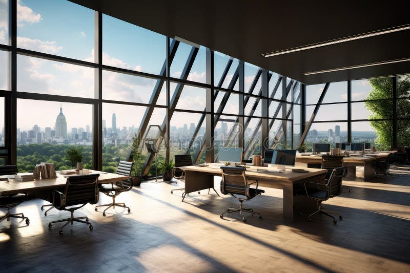 Modern Office with Plants and Panoramic Windows Stock Photo - Image of ...