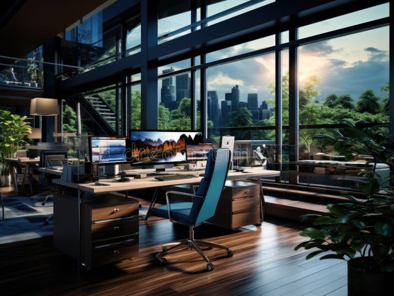 Modern Office with Plants for a Refreshing and Productive Workspace. Eco-friendly Open Plan ...