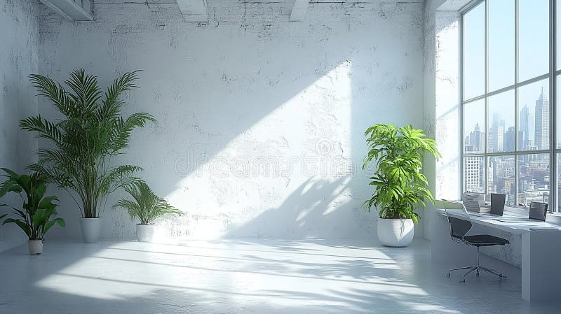 Modern Office Plants Sunlight City View Mockup Stock Image - Image of ...