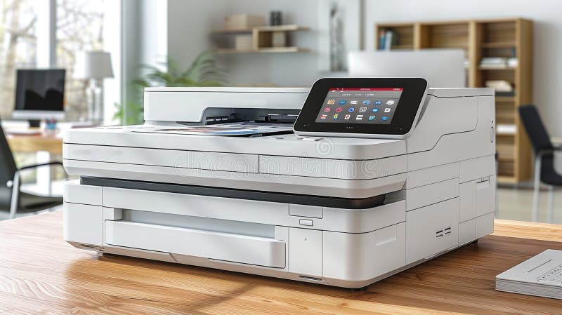 Modern Office Printer Scanner on Wooden Desk in Bright Workspace Stock ...