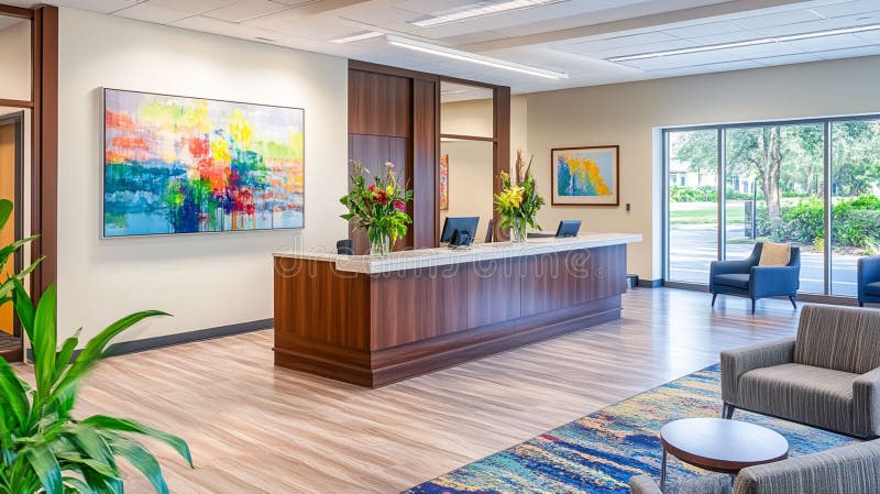 Modern Office Reception Area with Abstract Art and Comfortable Seating ...
