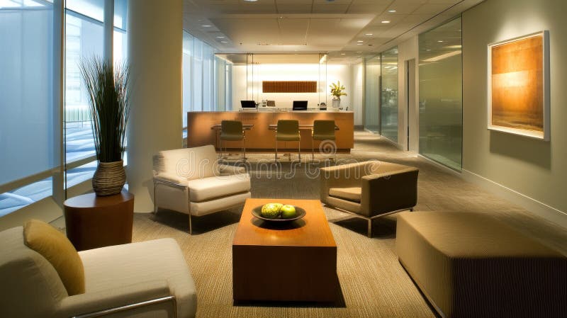 Modern Office Reception Area with Comfortable Seating, Wood Accents ...