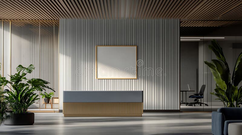 Modern Office Reception Area Design with Plants and Blank Frame Stock ...