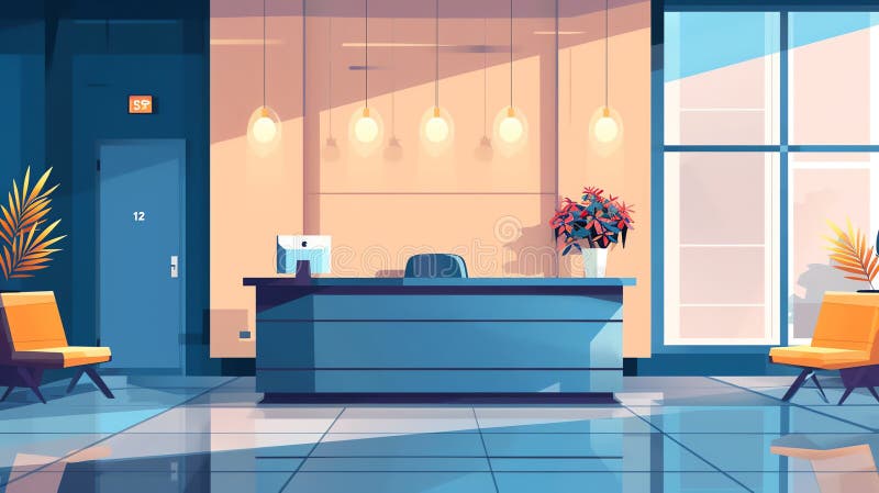 Modern Office Reception Area with Desk, Chairs, and Large Windows Stock ...
