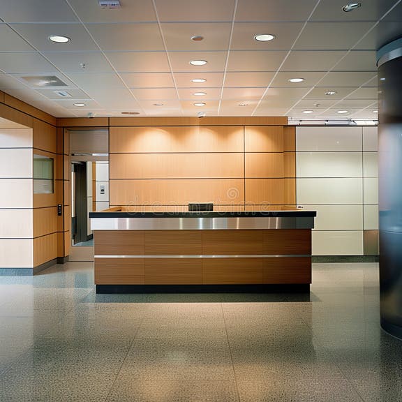 Modern Office Reception Area with Empty Desk and Elevator in Background ...