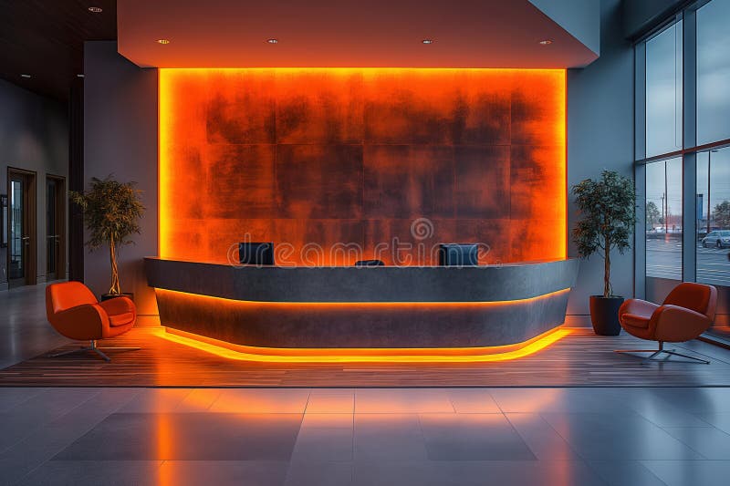 Modern Office Reception Area with Orange Backlit Wall Stock ...