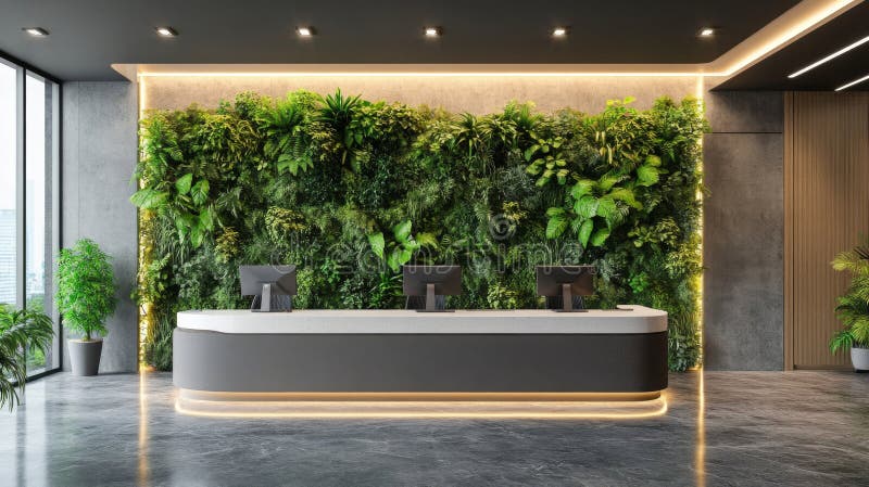 Modern Office Reception Area with Green Living Wall Stock Illustration ...