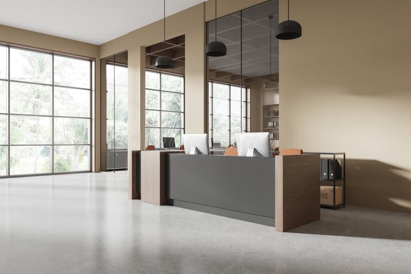 Modern Office Reception Area with Large Windows and Sleek Design. 3D ...