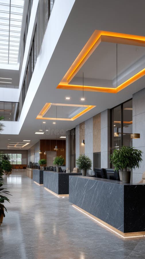 Modern Office Reception Area with Marble Counters and Warm Lighting ...