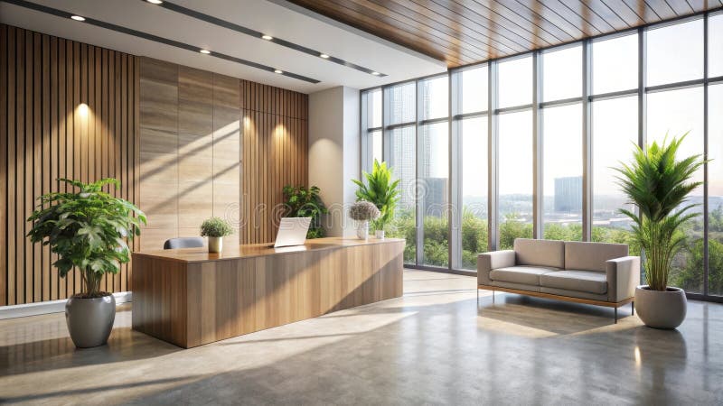 Modern Office Reception Area with Natural Wood Accents and Ample ...