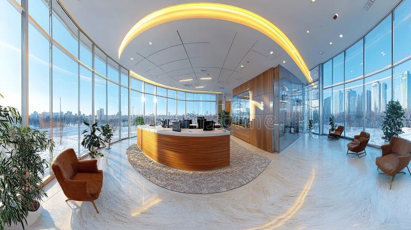 Modern Office Reception Area with Panoramic Windows, Stylish Furniture ...