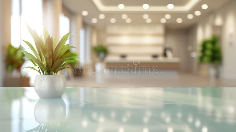 Modern Office Reception Area with Potted Plant on Glass Table Stock ...