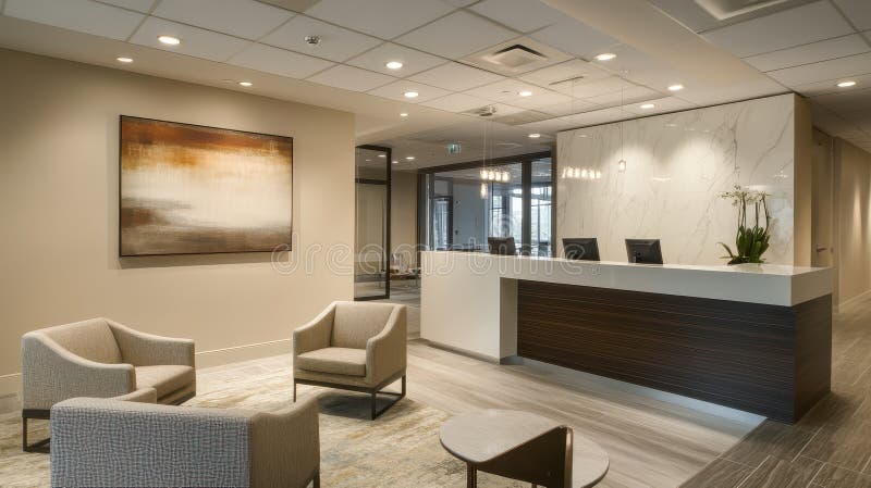 Modern Office Reception Area with Seating and Artwork Stock ...