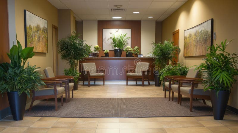Modern Office Reception Area with Seating, Plants, and Artwork Stock ...