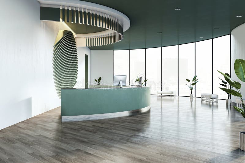 Modern Office Reception Area with Sleek Design, Large Windows, and ...