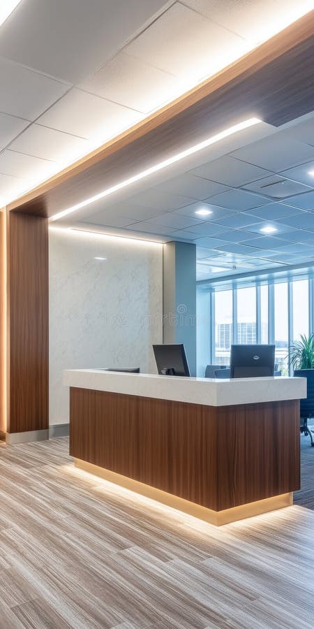 Modern Office Reception Area with Sleek Desk and Bright Lighting in a ...