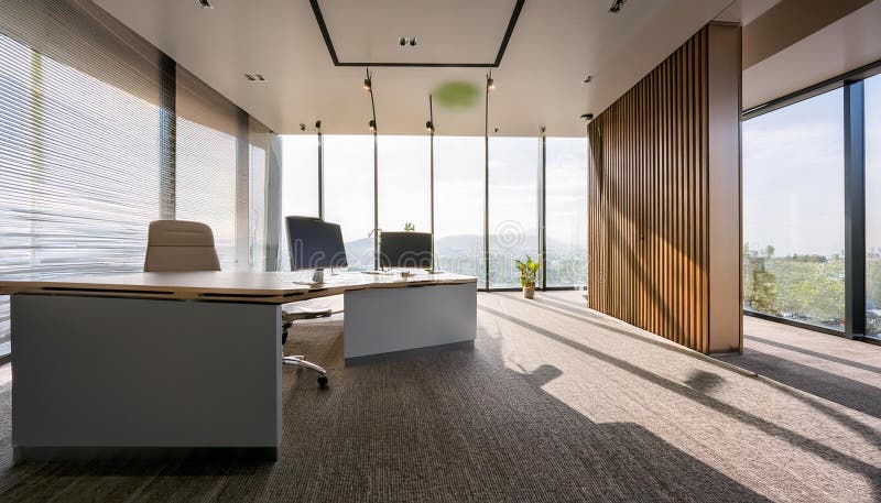Modern Office Reception Area with Sleek Desk, Two Computers, and ...