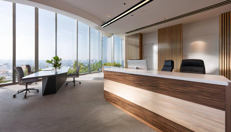 Modern Office Reception Area with Sleek Desk, Two Computers, and ...