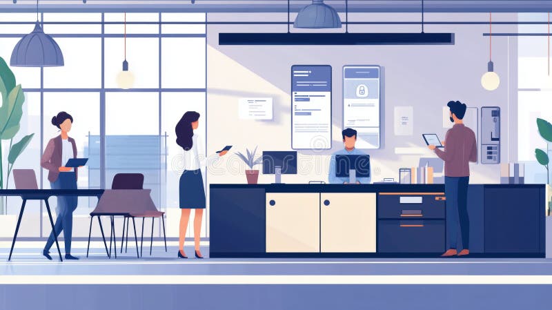 Modern Office Reception Area with Staff and Visitors, Digital Devices ...