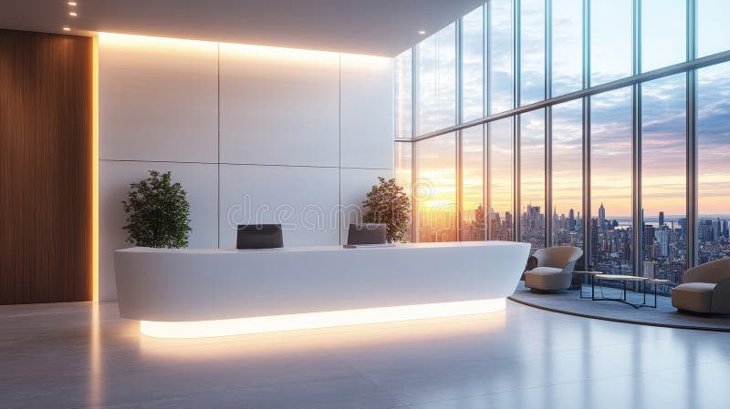 Modern Office Reception Area with Stunning City Skyline View Stock ...